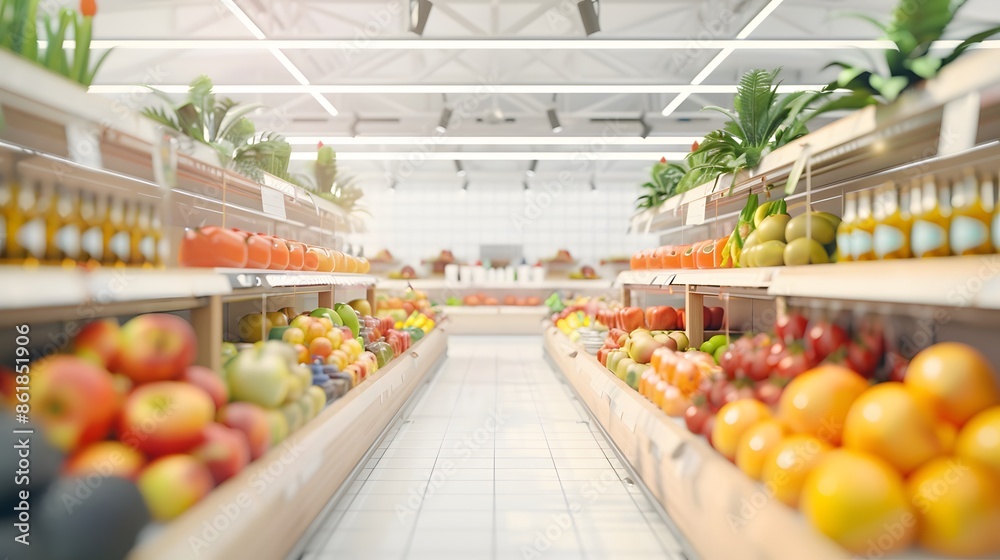 Brightly lit grocery store aisle stocked with fresh fruit, vegetables ...