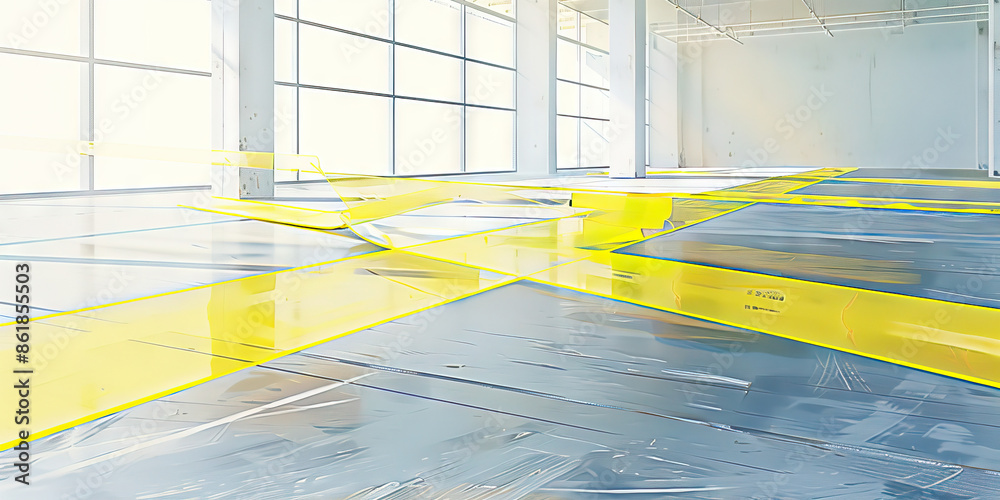 Bright yellow caution tape secures the perimeter of a newly renovated ...