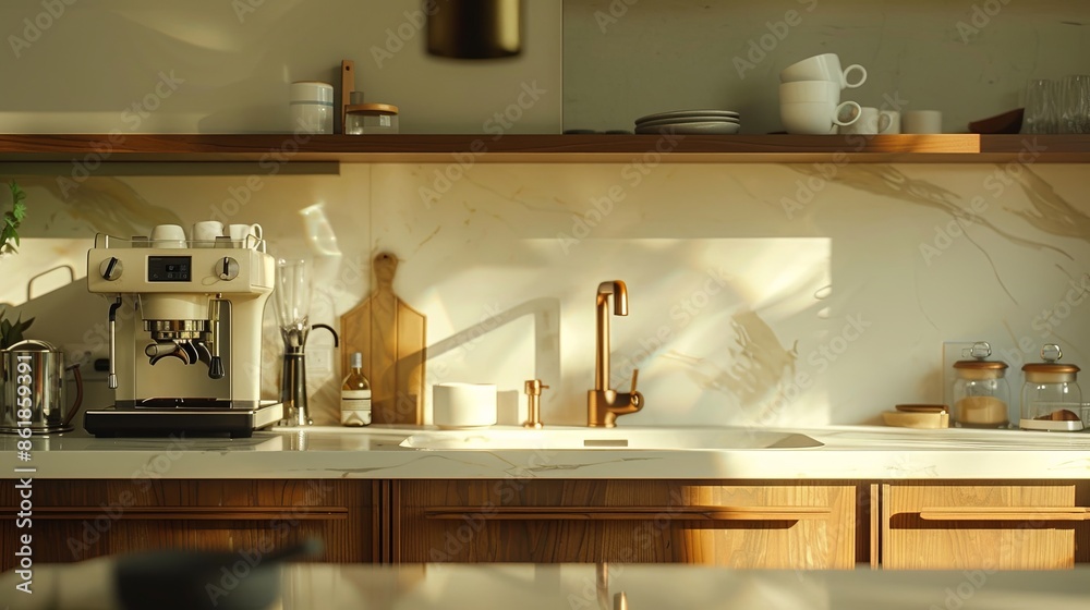 modern kitchen, sleek eggshell light beige finishes, with a beige and ...