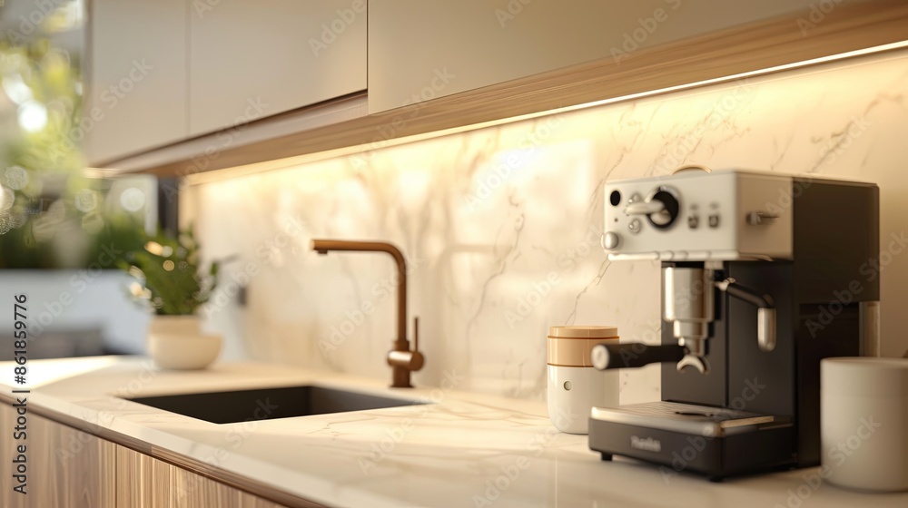 modern kitchen, sleek eggshell light beige finishes, with a beige and ...