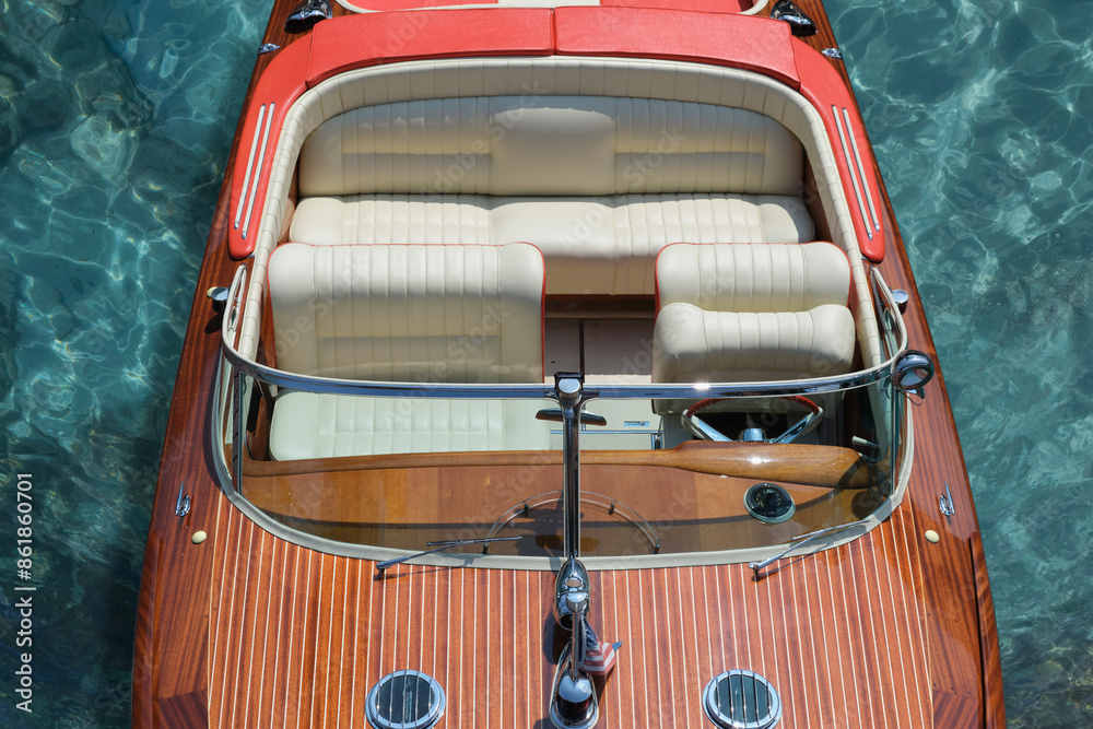 Detail of the front of the Riva boat, aerial view. Front of a boat with ...