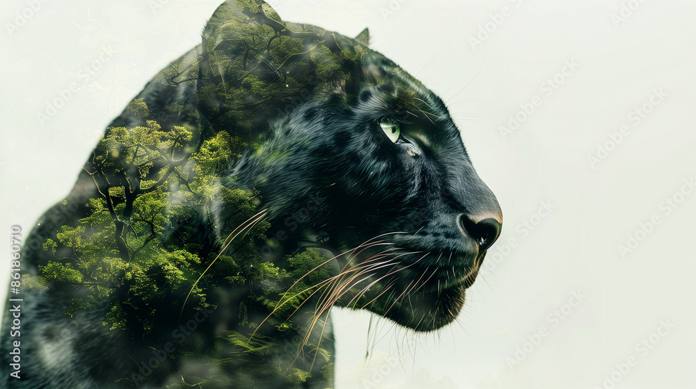 black panther double exposure with the Jungel, concept for species ...