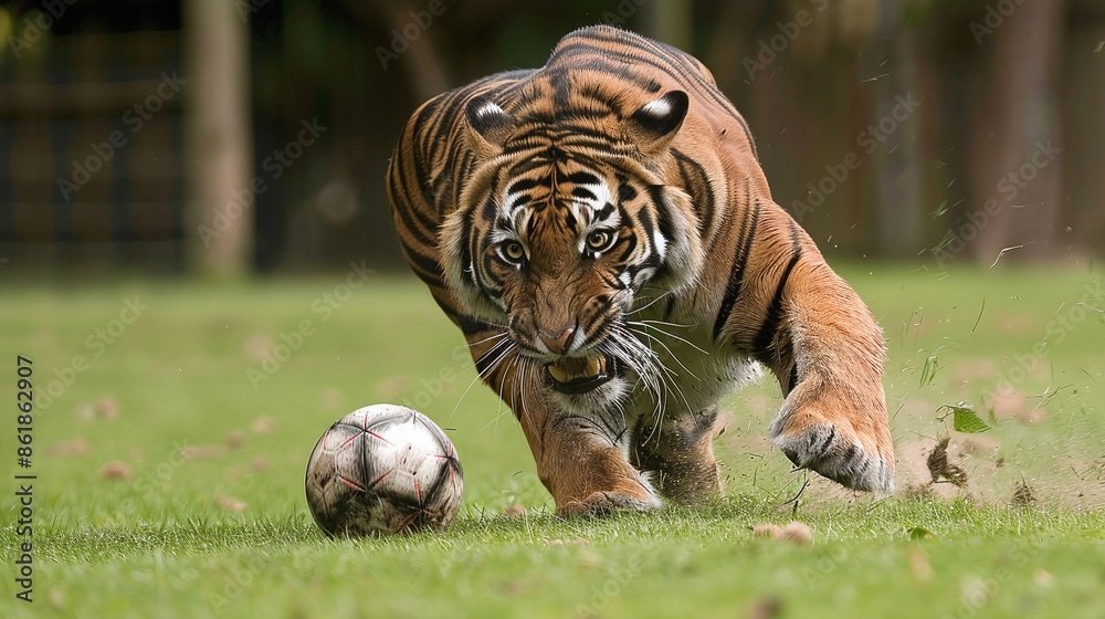 Action photograph of a tiger playing soccer, fiercely chasing a soccer ...
