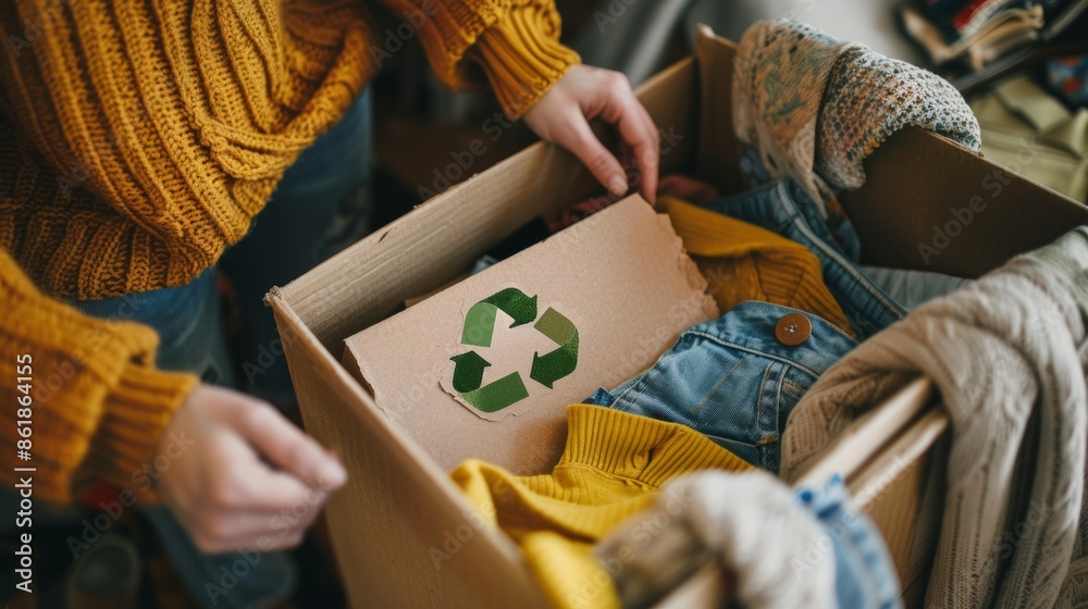 Packing a box with a second-hand wardrobe, recycling and reusing ...