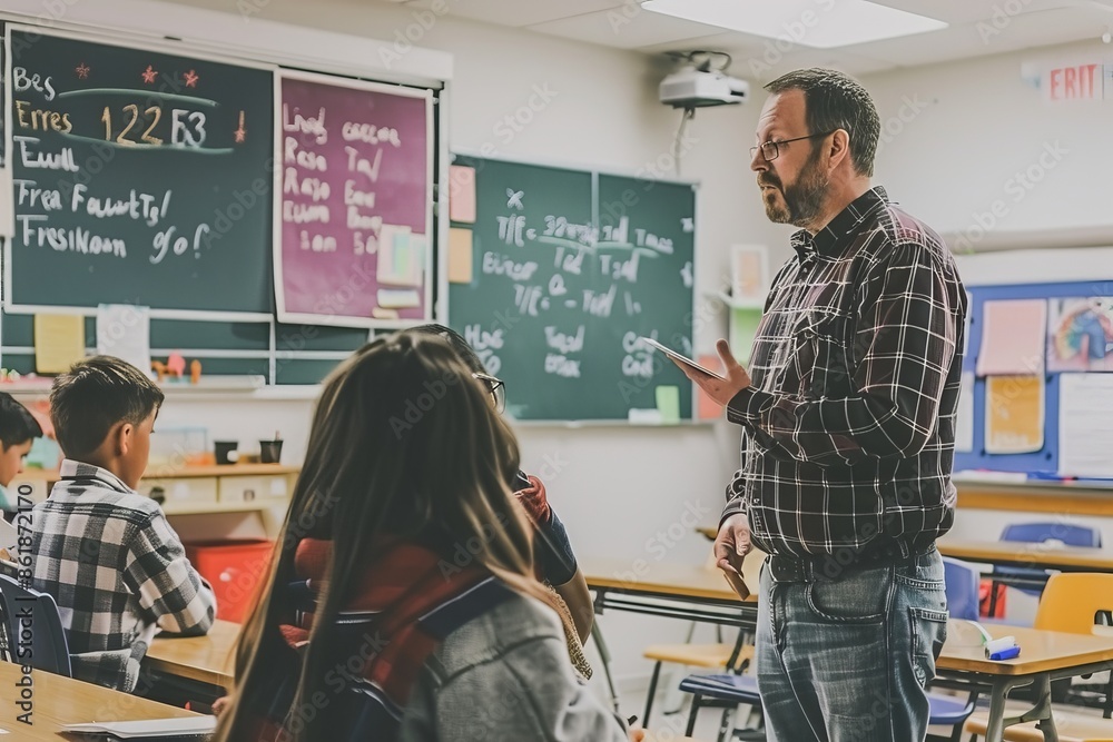 Teacher Discussing Lesson Plan With Students in Classroom During Class ...