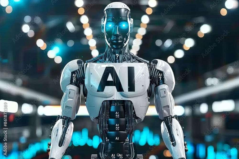 Humanoid robot with AI text, artificial intelligence, futuristic ...