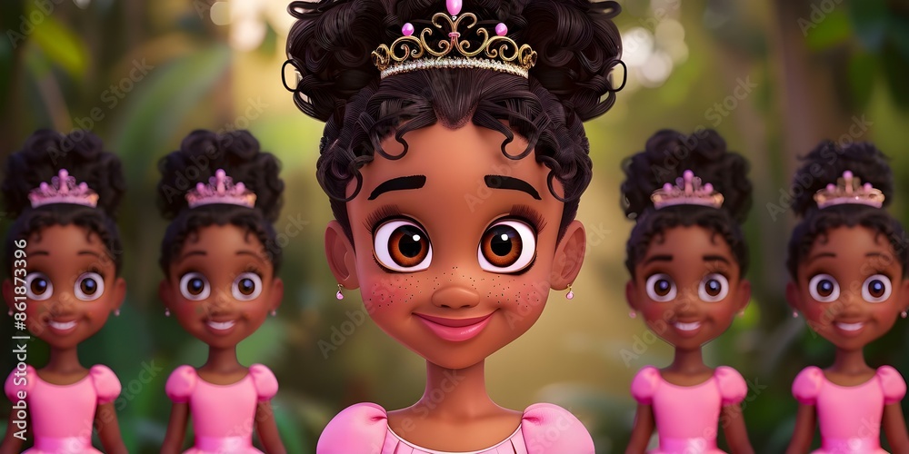 Black princess cartoon character with various expressions in pink dress ...