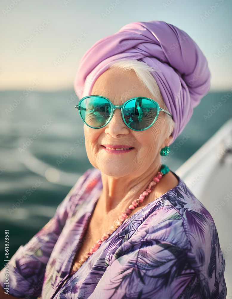 seniorin, alte, frau, auf, schiff, Kreuzfahrt, portrait, diva, close up ...