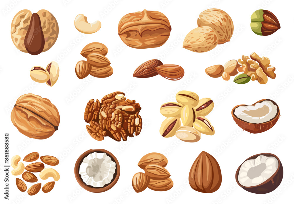 Dried nuts mix set. Almond and hazelnut, peanut walnut and seed ...