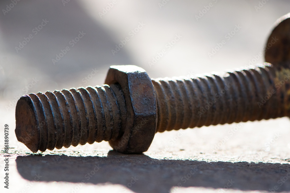 rusty nut. Rusty iron rod with screw threads. Rusted mechanical ...