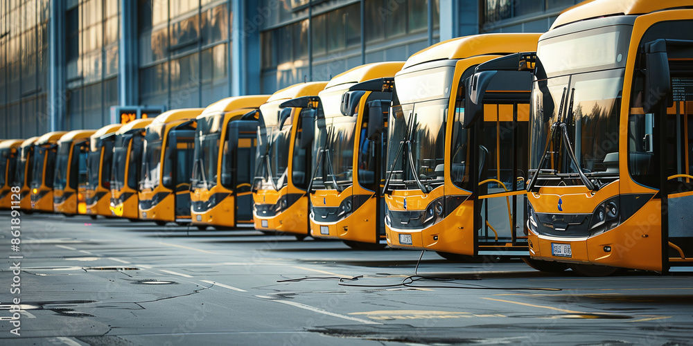 Electric bus fleet - a line of electric buses in a depot, demonstrating ...