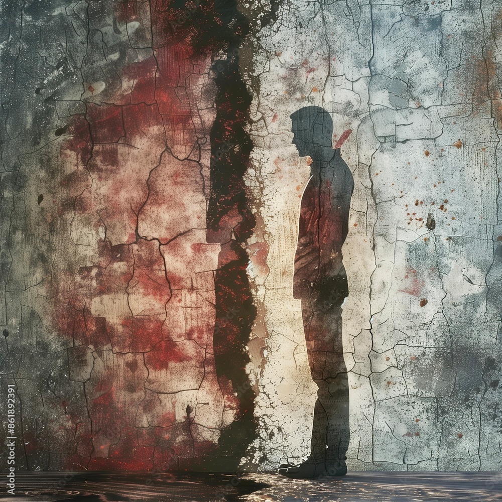 Silhouettes facing each other, Cracked background, Red and blue ...