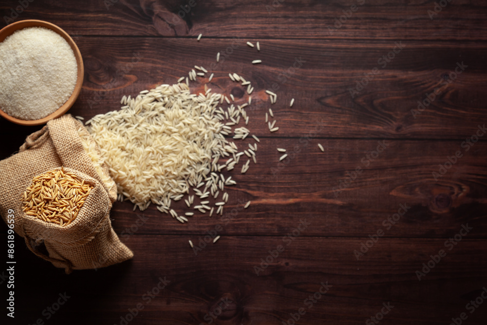 Different stages of organic Rice (Oryza sativa) in a laying jute bag ...