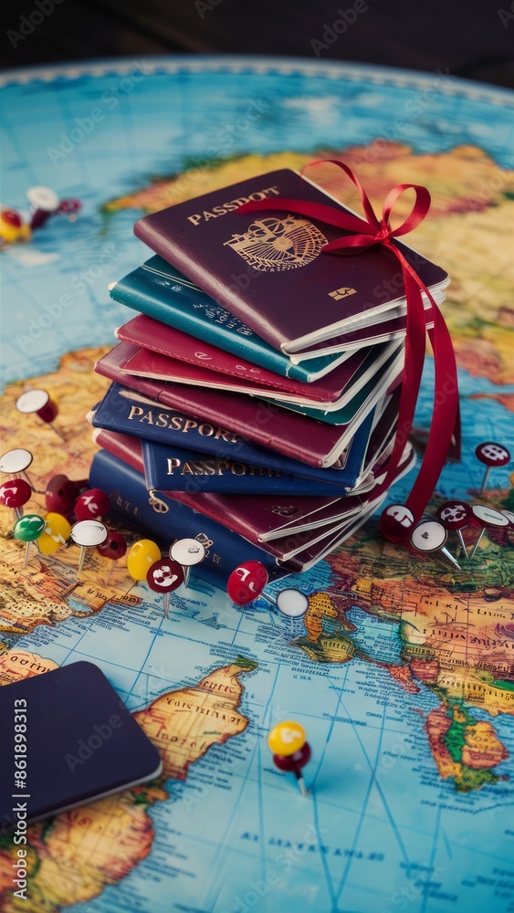 A stack of passports tied with a red ribbon on a world map, with ...