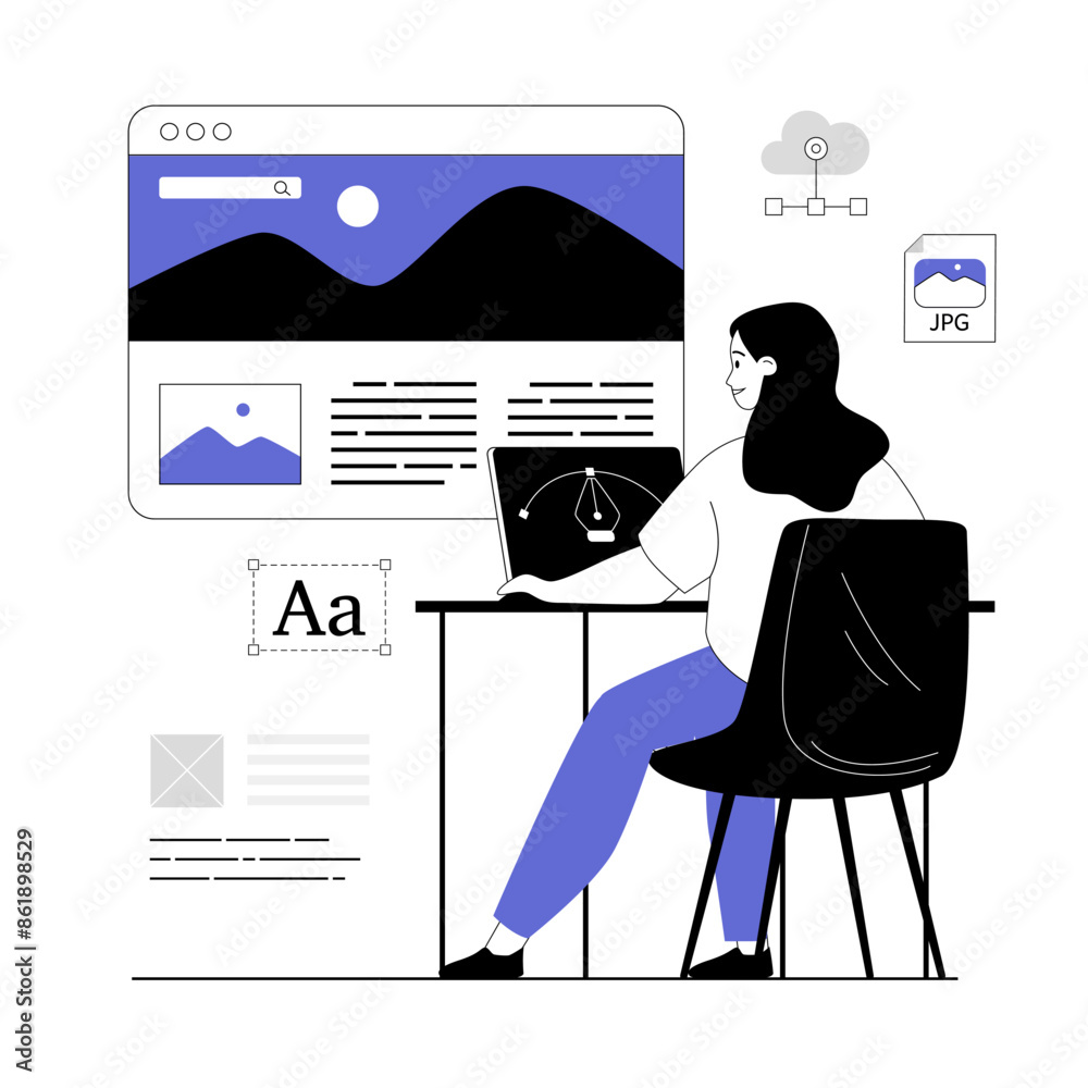 Web studio concept. Woman work on website landing page, ui ux design ...