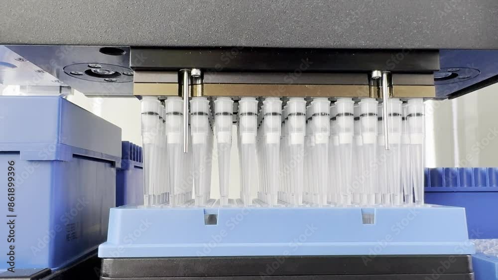 laboratory automated liquid handling system, robotic arm with multiple pipette tips above a tray ...