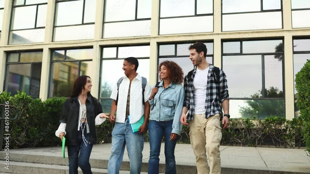 Diverse students walking and talking outside a modern campus building ...