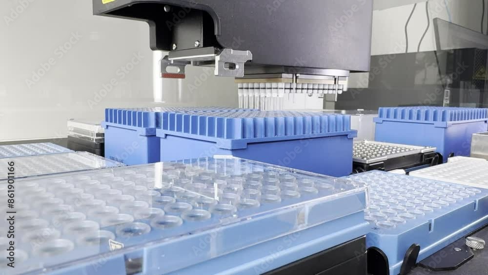 laboratory automated liquid handling system, robotic arm with multiple pipette tips above a tray ...