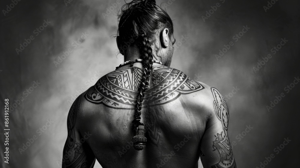 A mans back exposed and decorated with a sprawling tribal tattoo ...