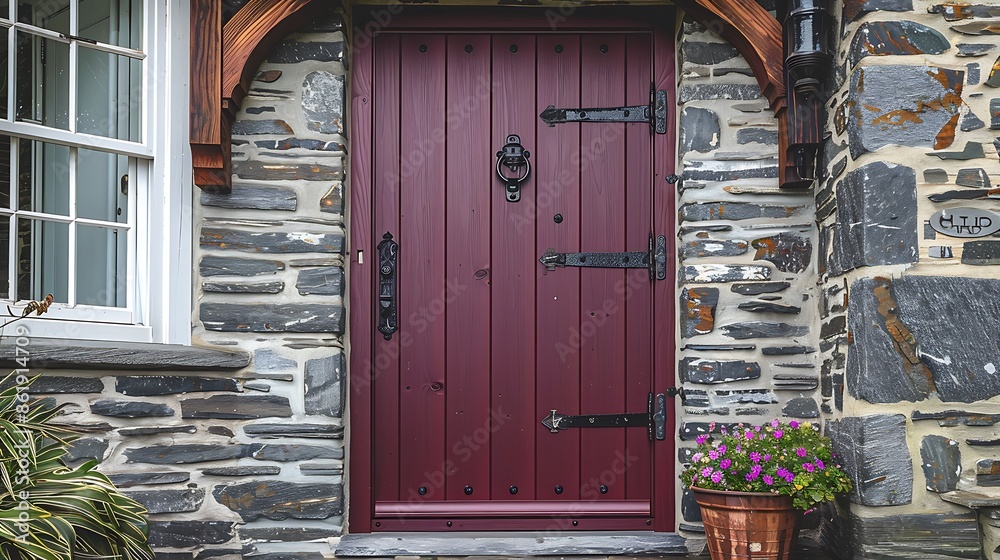 deep maroon door with heavy wooden beams and traditional iron hardware ...