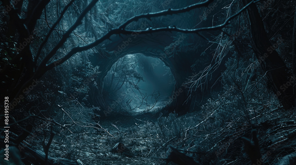 Scary dark forest at night, spooky woods and tunnel with trees, gloomy ...