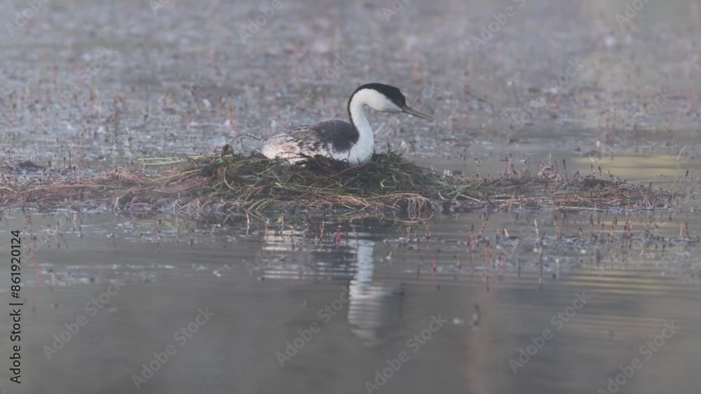 A western grebe (Aechmophorus occidentalis) sitting on its eggs in ...