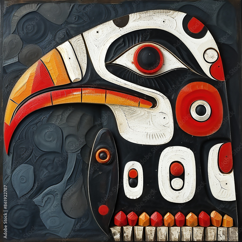 Traditional Inuit Haida Eskimo folk art of a stylized eagle in textured ...