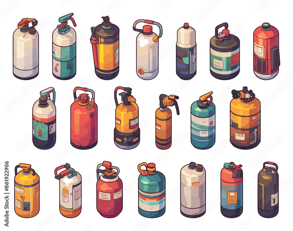 Cartoon Different Types of Oxygen Tanks Icon Set. White Background Very ...