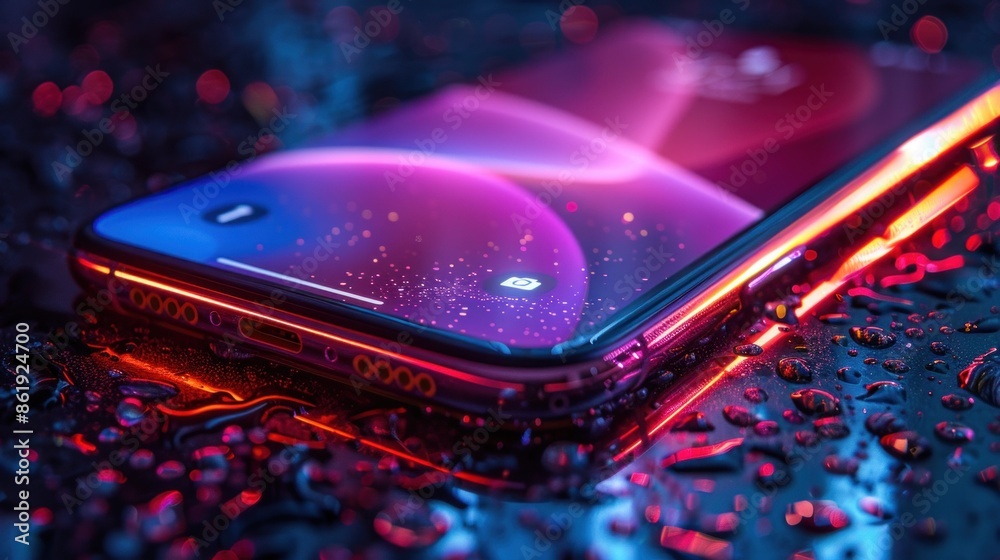 Sleek modern smartphone with glow light in corner effect, illuminated ...