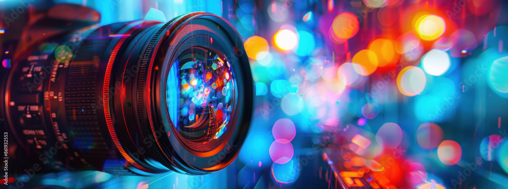 Camera lens close-up with colorful bokeh lights, highlighting high ...