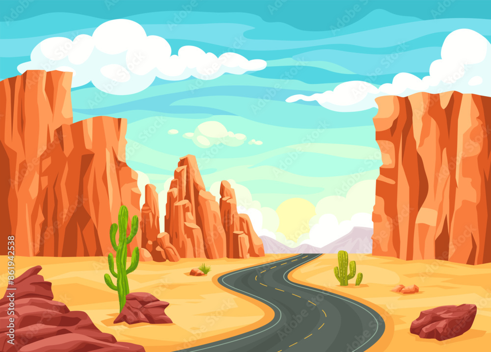 Cartoon desert road. Arizona driveway wild west scenery, nevada hot ...