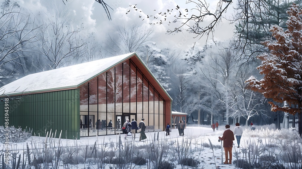 conceptual design of a community park's visitor center clad in green ...