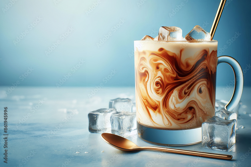 Tumbler with iced coffee swirls of coffee and cream, creating marbling ...