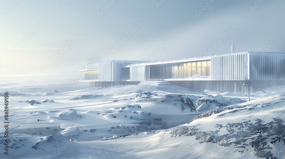 conceptual rendering of a remote research station in the Arctic, clad ...