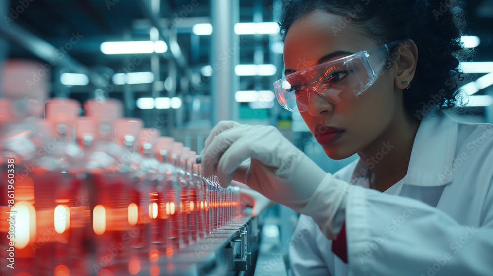 African american woman examining medicine vial bottles in ...