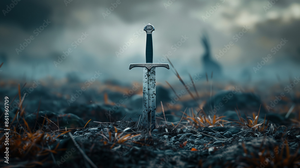 A viking sword in the ground on a misty battlefield with atmospheric ...