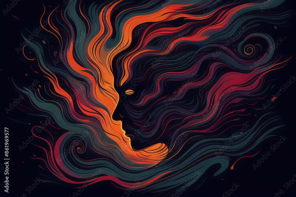 surreal illustration depicting a person's silhouette with a chaotic ...