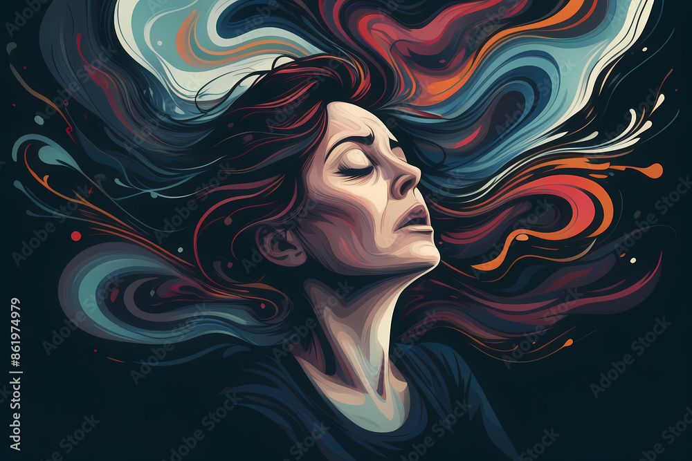 surreal illustration depicting a person's silhouette with a chaotic ...