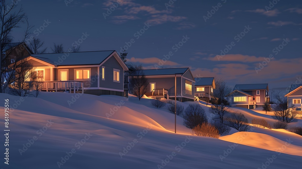 series of modular homes on a snowy hillside, each clad in high-tech ...