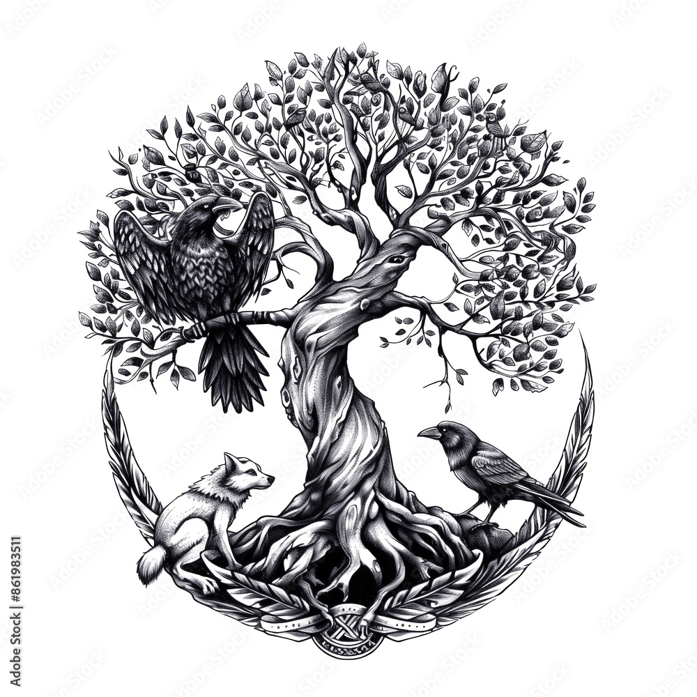 Black and white illustration of the Yggdrasil tree from Norse mythology ...