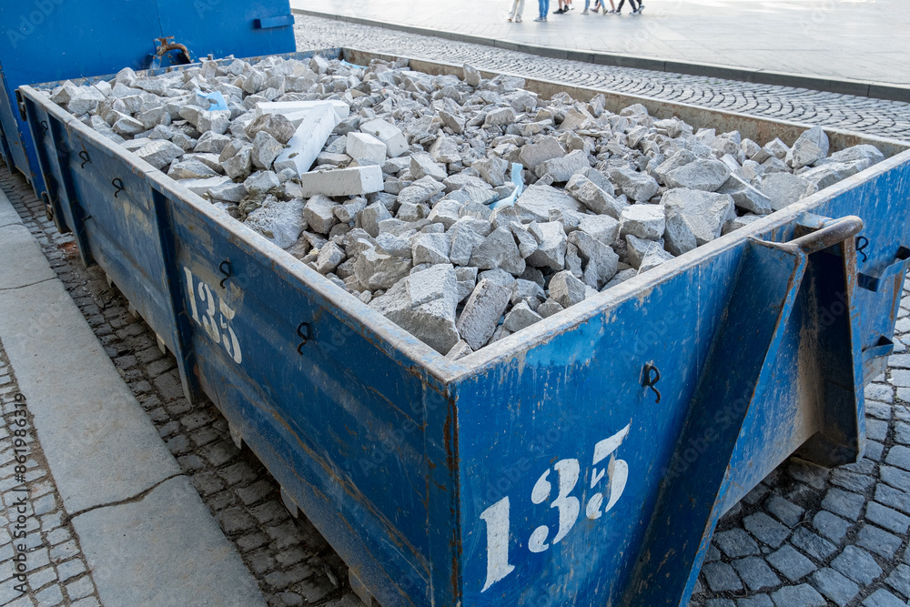 Shattered, broken wall bricks, construction waste after building ...