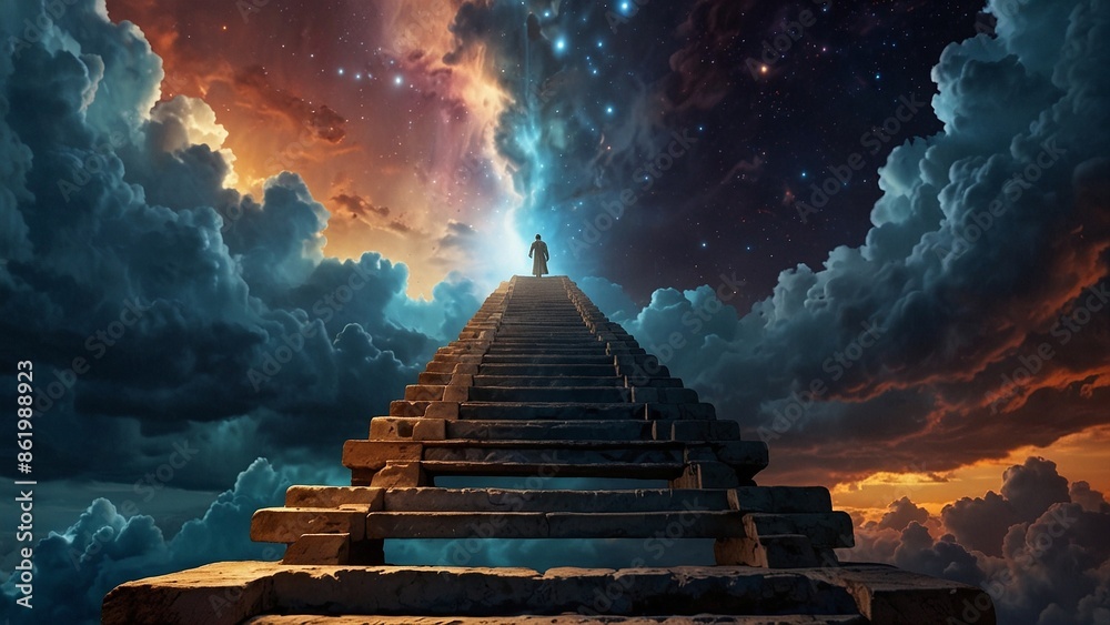 Amazing view with person standing on top of the stairs leading to realm ...