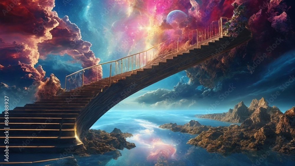 Amazing view with stairs to realm of Gods, fantasy scene with bright ...