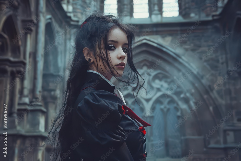 stylish goth girl in academy uniform urban fantasy setting twilight ...