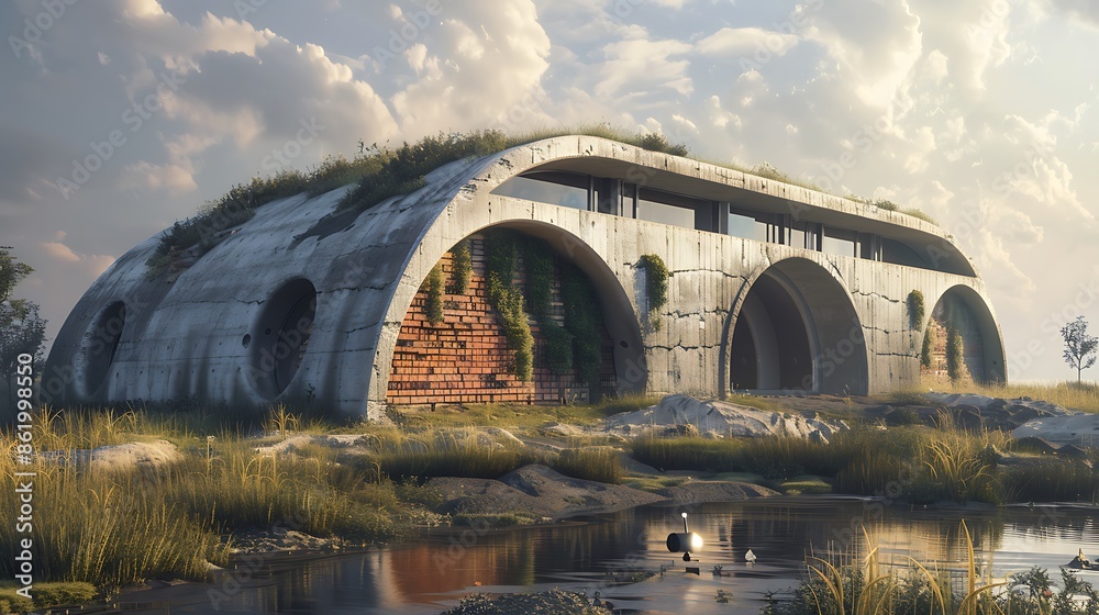 conceptual image of a futuristic bunker built with ultra-durable brick ...