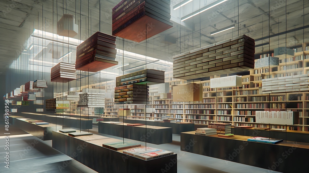 conceptual public library with a floating brick design, where each ...