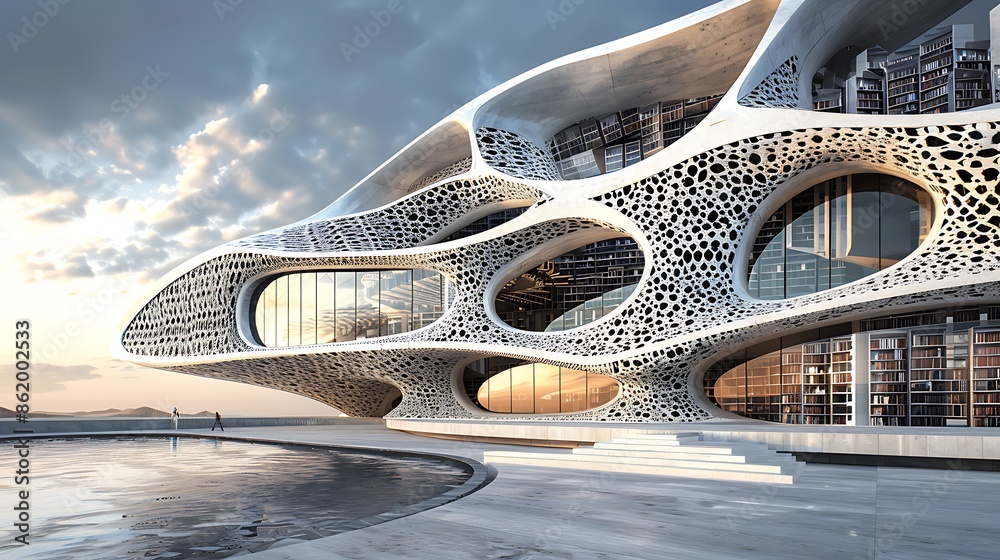futuristic public library with a facade made from interlocking stone ...