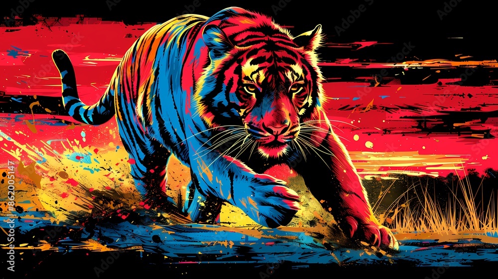 Majestic prowling tiger vector illustration, bold orange solid fill ...