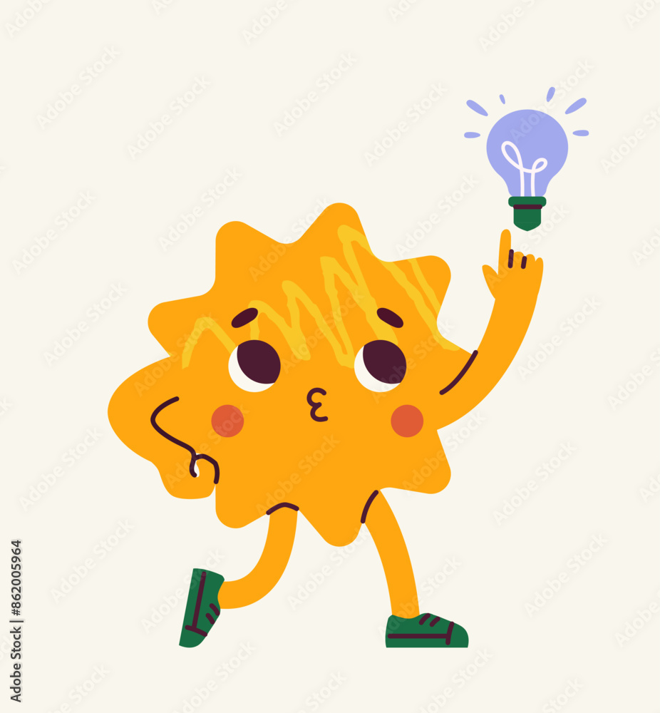 Abstract strange character. Yellow sun with light bulb. Adorable ...