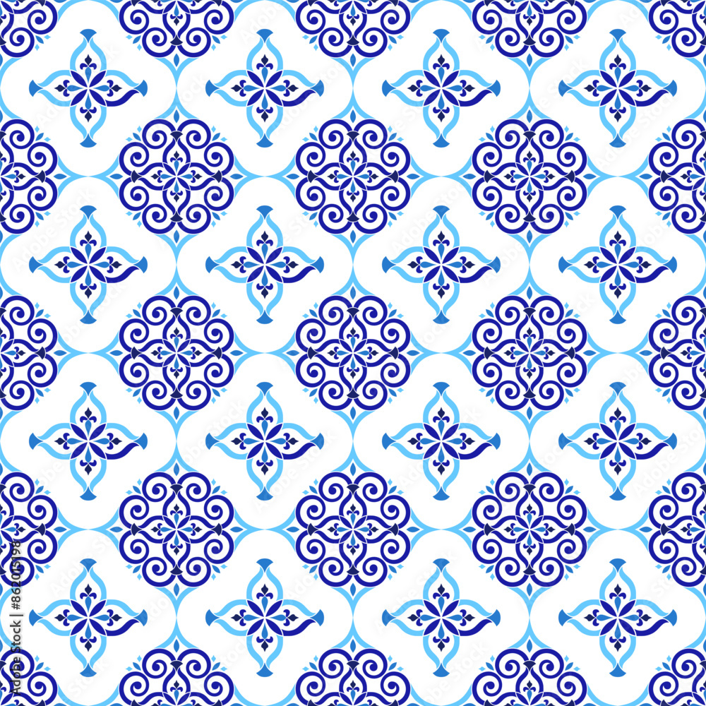 Blue and white luxury vector seamless pattern. Ornament, Traditional ...